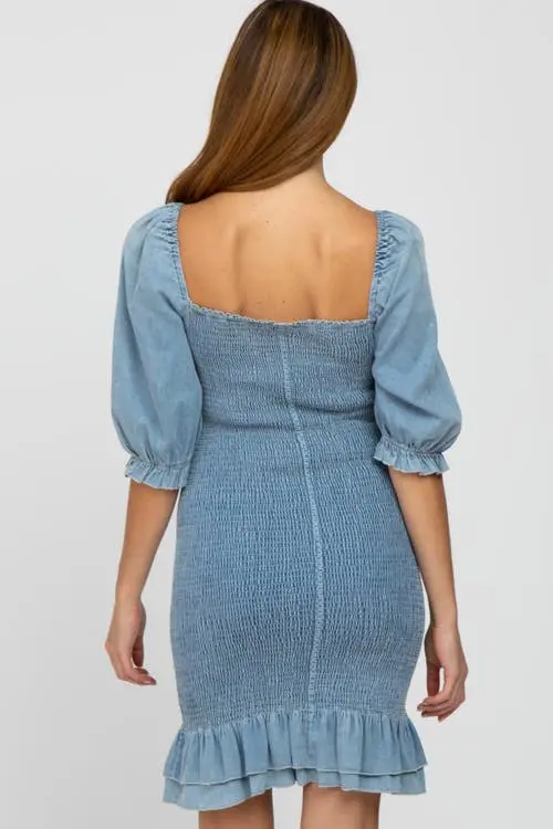 PINKBLUSH Square Neck Smocked Denim Dress
