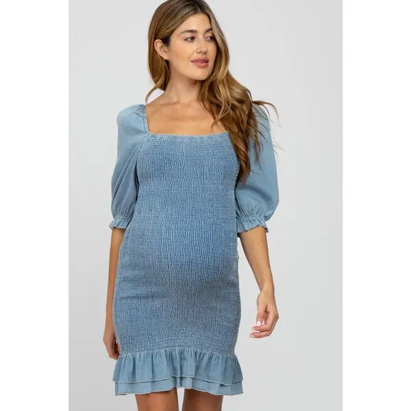 PINKBLUSH Square Neck Smocked Denim Dress - Light Blue