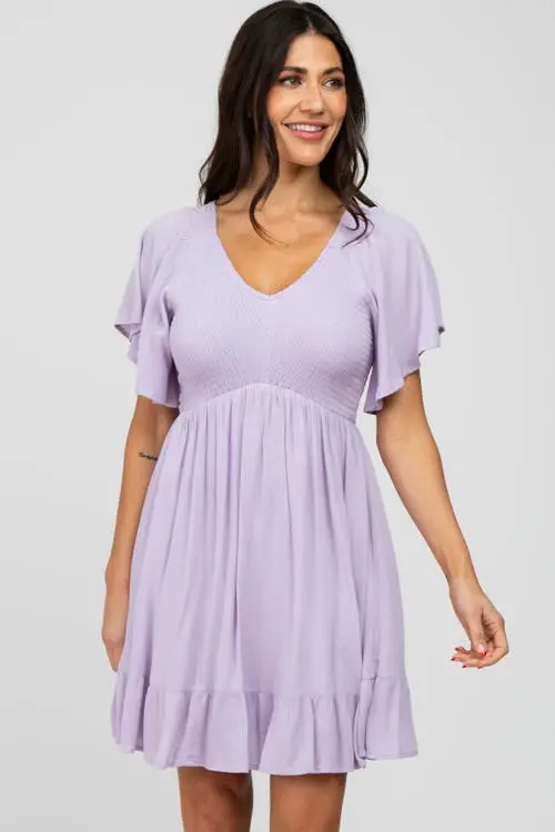 PINKBLUSH Smocked Front Ruffle Hem Dress - Lavender