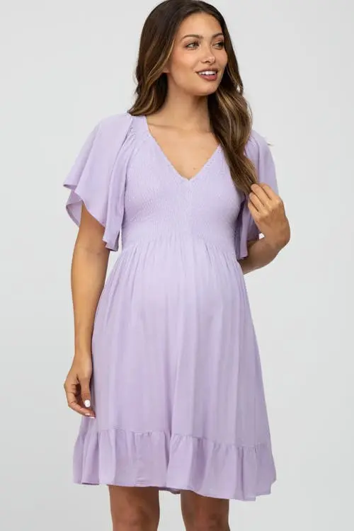 PINKBLUSH Smocked Front Ruffle Hem Dress - Lavender