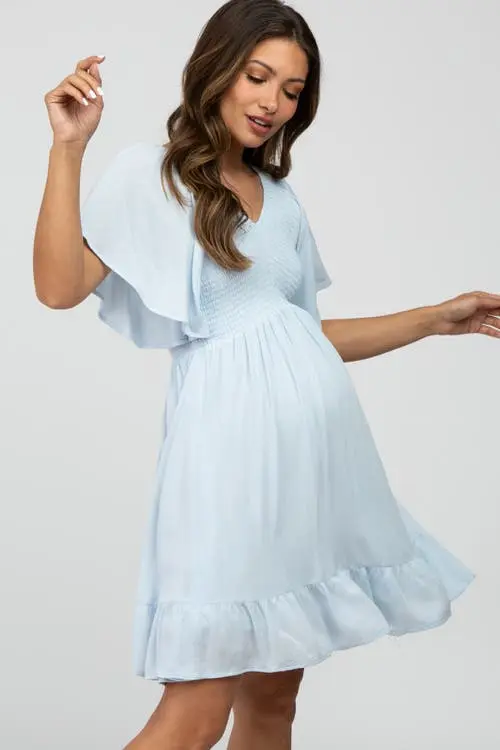 PINKBLUSH Smocked Front Ruffle Hem Dress - Light Blue