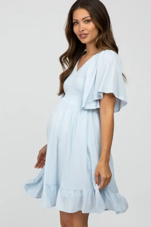 PINKBLUSH Smocked Front Ruffle Hem Dress - Light Blue