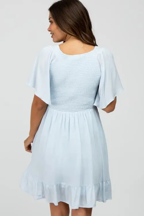 PINKBLUSH Smocked Front Ruffle Hem Dress - Light Blue