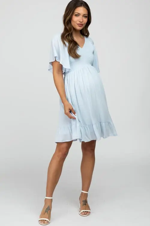 PINKBLUSH Smocked Front Ruffle Hem Dress - Light Blue