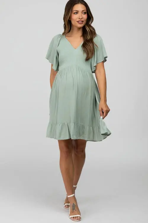 PINKBLUSH Smocked Front Ruffle Hem Dress - Mint Green