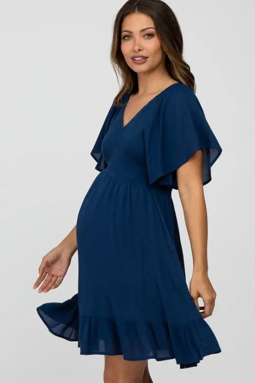 PINKBLUSH Smocked Front Ruffle Hem Dress - Navy Blue