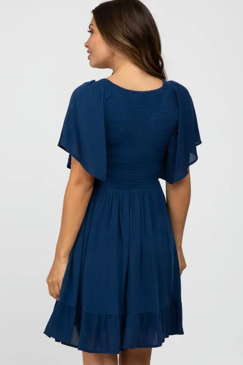 PINKBLUSH Smocked Front Ruffle Hem Dress - Navy Blue