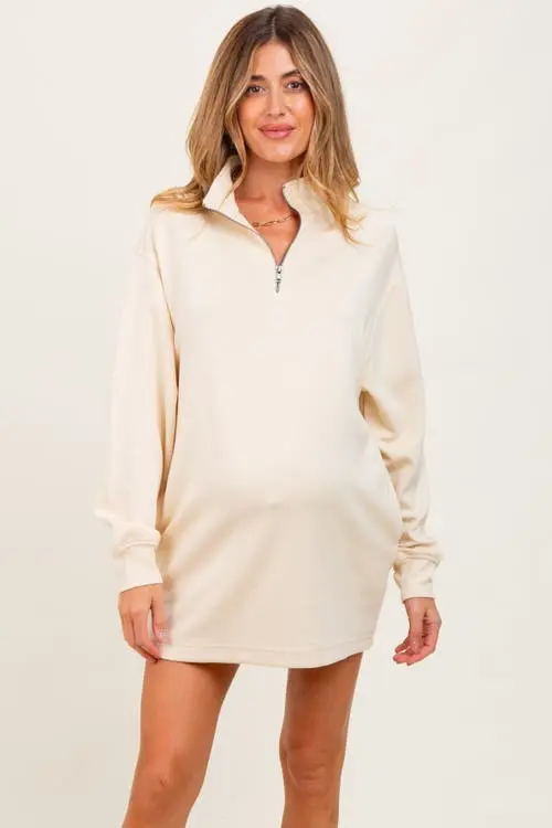 PINKBLUSH Half Zip Long Sleeve Maternity Mini Dress - Cream