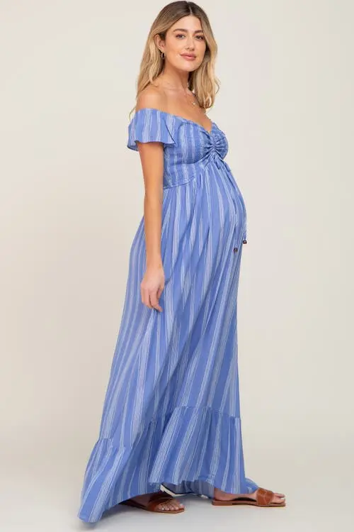 PINKBLUSH Striped Off Shoulder Maternity Maxi Dress - Blue