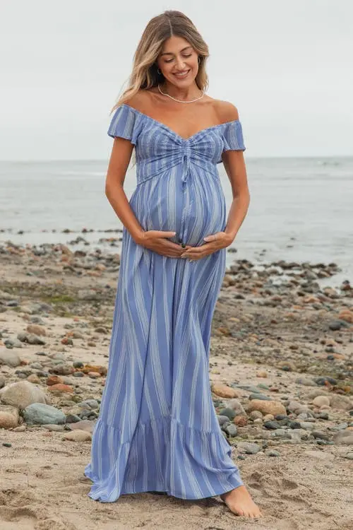 PINKBLUSH Striped Off Shoulder Maternity Maxi Dress - Blue