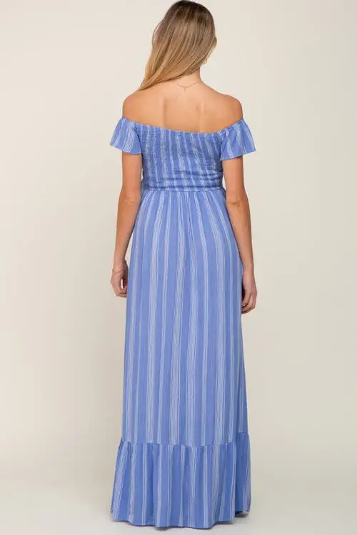 PINKBLUSH Striped Off Shoulder Maternity Maxi Dress - Blue