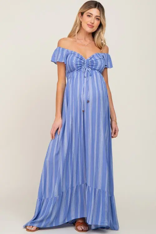 PINKBLUSH Striped Off Shoulder Maternity Maxi Dress - Blue