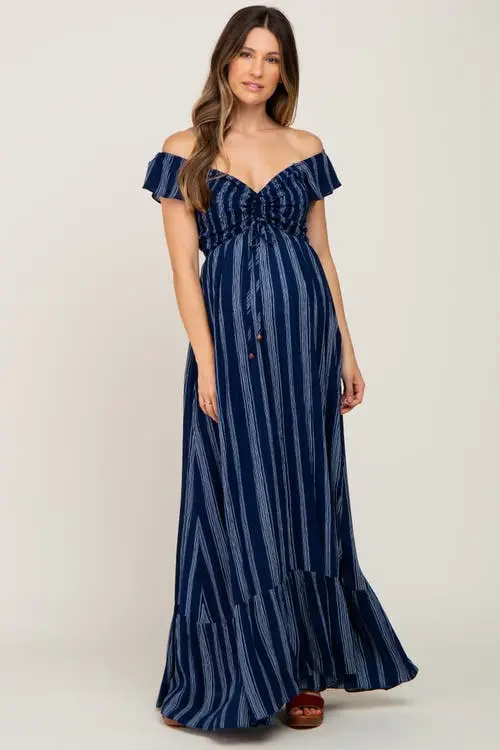 PINKBLUSH Striped Off Shoulder Front Tie Maxi Dress - Navy Blue