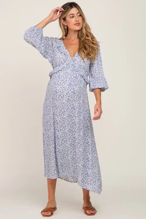 PINKBLUSH Floral Ruffle V-neck Midi Dress - Blue