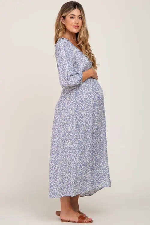 PINKBLUSH Floral Ruffle V-neck Midi Dress - Blue