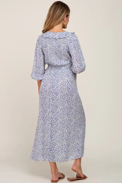 PINKBLUSH Floral Ruffle V-neck Midi Dress - Blue