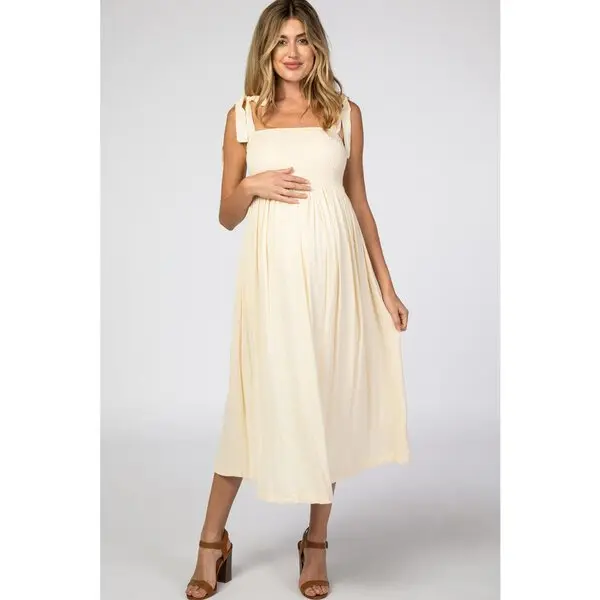 PINKBLUSH Smocked Tie Strap Midi Dress - Beige