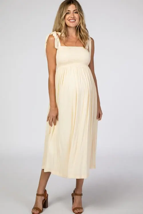 PINKBLUSH Smocked Tie Strap Midi Dress - Beige