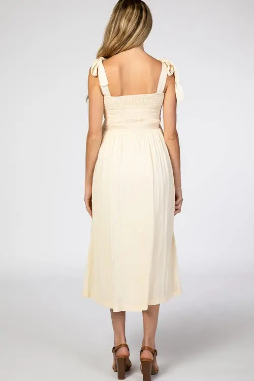PINKBLUSH Smocked Tie Strap Midi Dress - Beige