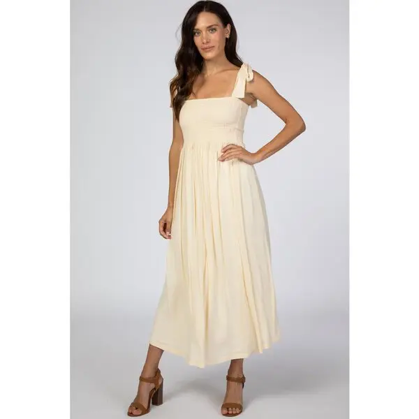 PINKBLUSH Smocked Tie Strap Midi Dress - Beige