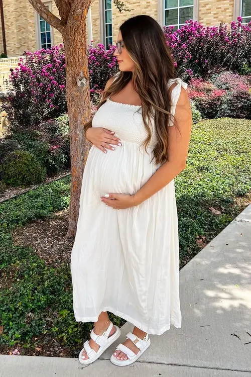 PINKBLUSH Smocked Tie Strap Midi Dress - Beige