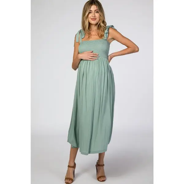 PINKBLUSH Smocked Tie Strap Midi Dress - Mint Green