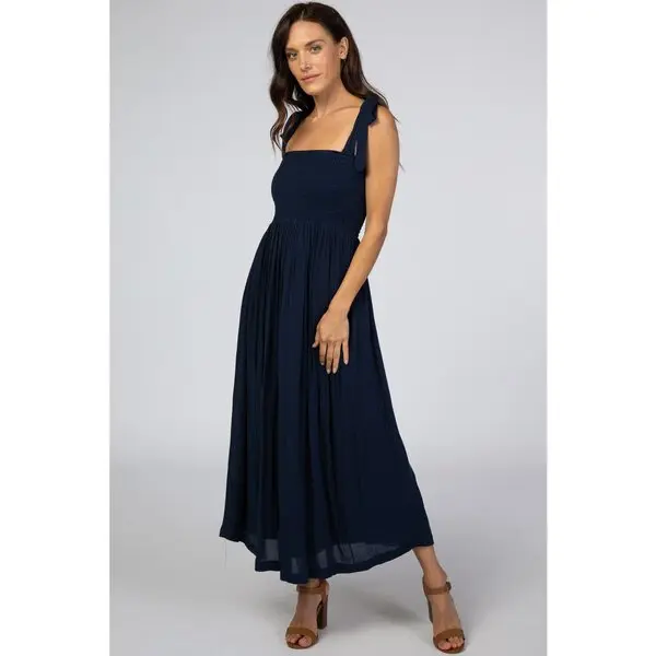 PINKBLUSH Smocked Tie Strap Midi Dress - Navy Blue