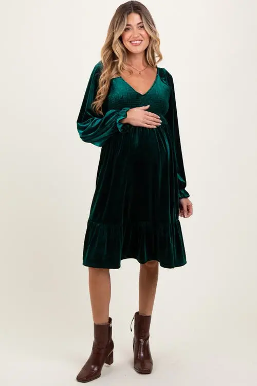 PINKBLUSH Velvet Smocked Long Sleeve Dress