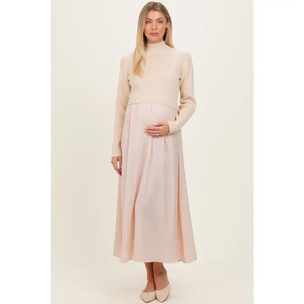 PINKBLUSH Knit Contrast Top Satin Midi Dress - Beige