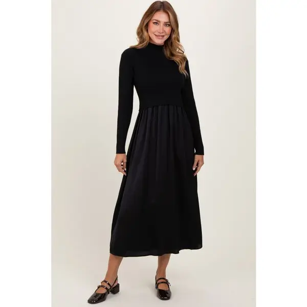 PINKBLUSH Knit Contrast Top Satin Midi Dress - Black