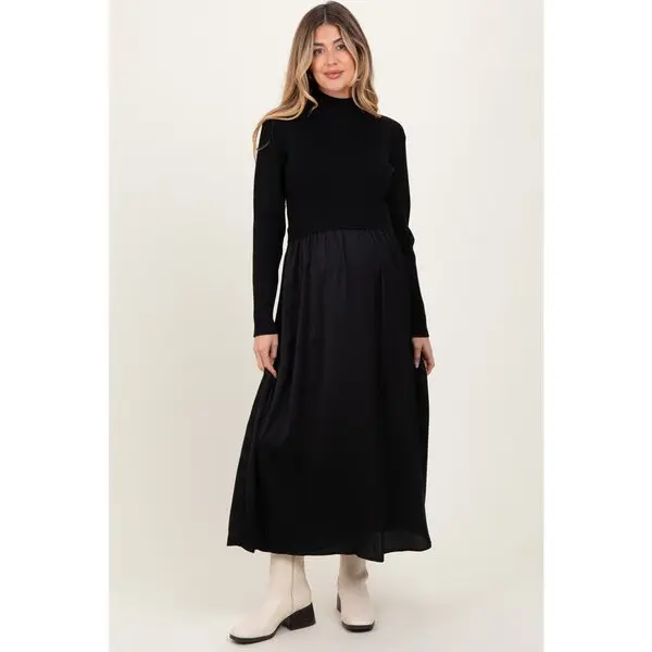PINKBLUSH Knit Contrast Top Satin Midi Dress - Black