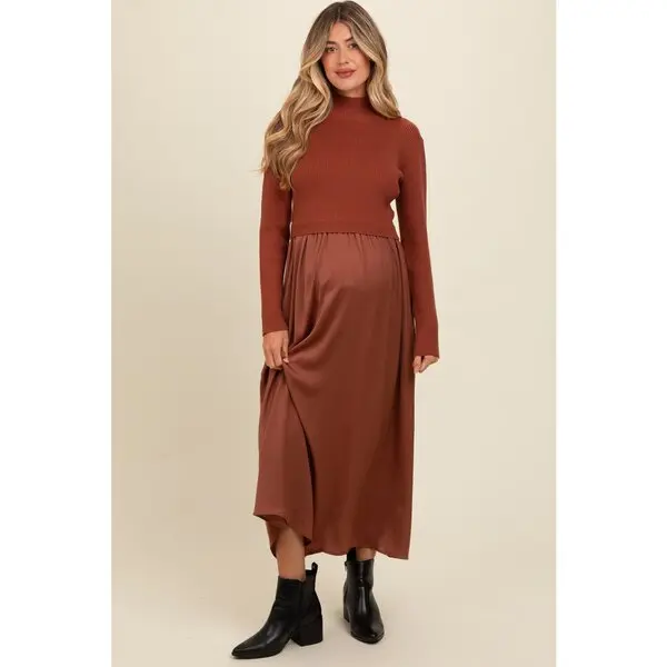 PINKBLUSH Knit Contrast Top Satin Midi Dress - Brown