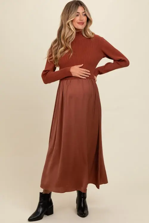 PINKBLUSH Knit Contrast Top Satin Midi Dress - Brown