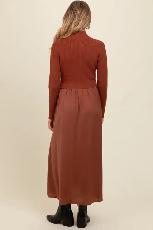 PINKBLUSH Knit Contrast Top Satin Midi Dress - Brown