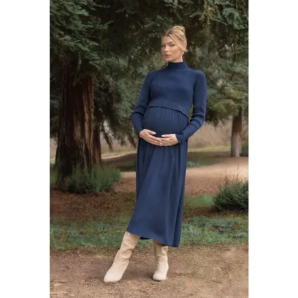 PINKBLUSH Knit Contrast Top Satin Midi Dress - Navy Blue