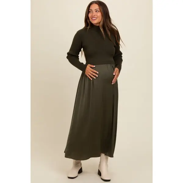PINKBLUSH Knit Contrast Top Satin Midi Dress - Olive Green
