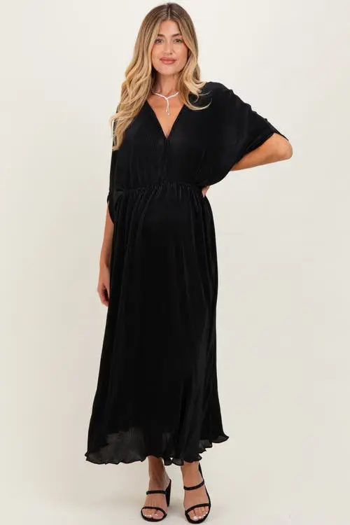 PINKBLUSH Pleated Satin Dolman Sleeve Maxi Dress - Black