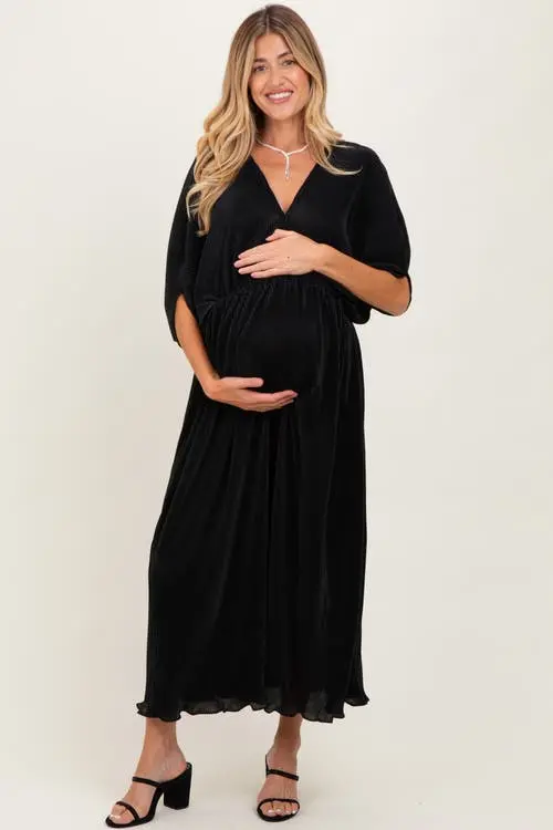 PINKBLUSH Pleated Satin Dolman Sleeve Maxi Dress - Black