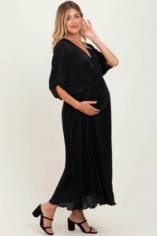 PINKBLUSH Pleated Satin Dolman Sleeve Maxi Dress - Black
