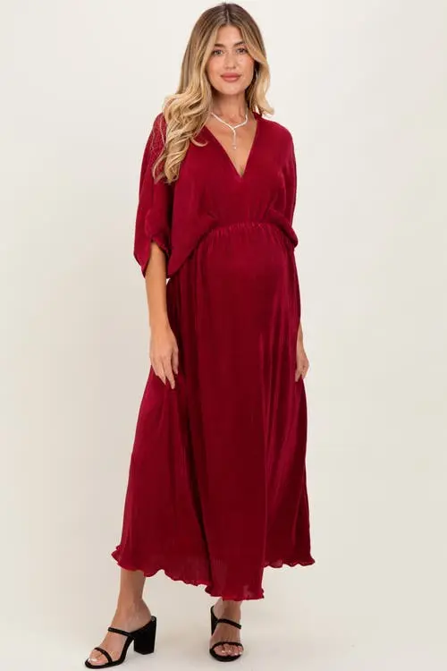 PINKBLUSH Pleated Satin Dolman Sleeve Maxi Dress - Burgundy