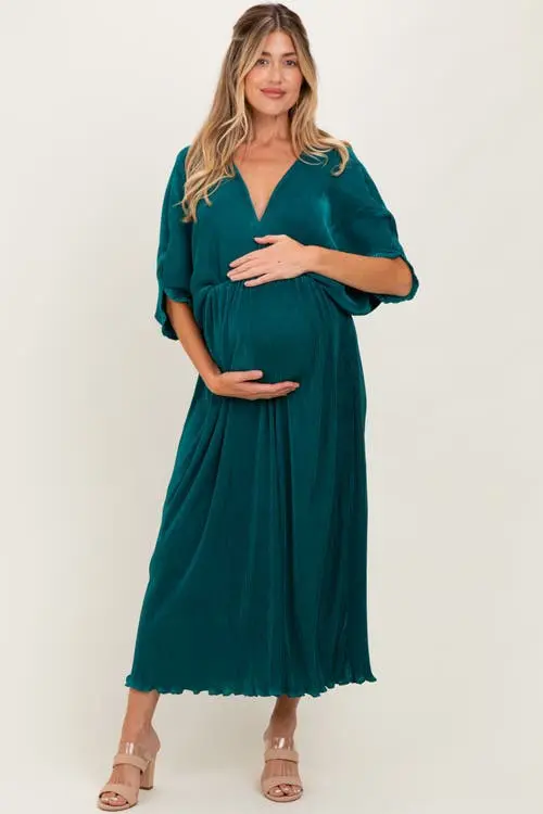 PINKBLUSH Pleated Satin Dolman Sleeve Maxi Dress - Forest Green