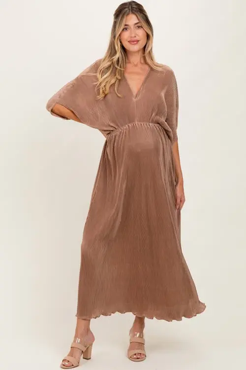 PINKBLUSH Pleated Satin Dolman Sleeve Maxi Dress - Mocha