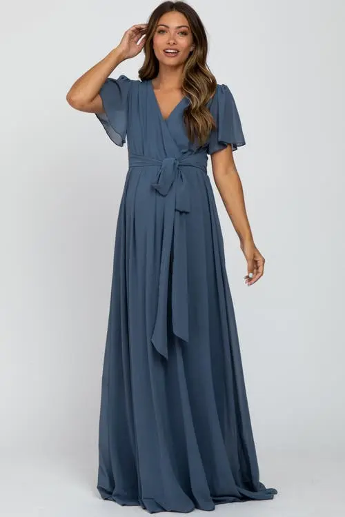 PINKBLUSH Chiffon Short Sleeve Maxi Dress - Blue
