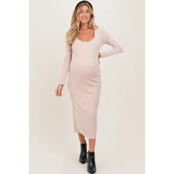 PINKBLUSH Scoop Neck Long Sleeve Maternity Midi Dress - Beige