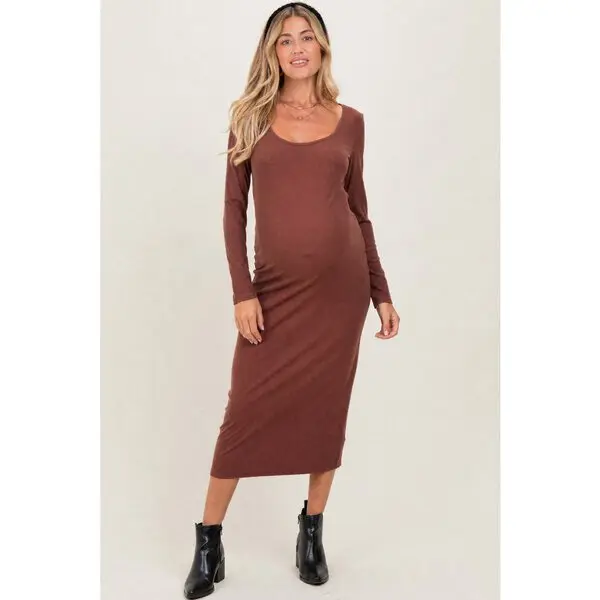 PINKBLUSH Scoop Neck Long Sleeve Maternity Midi Dress - Brown