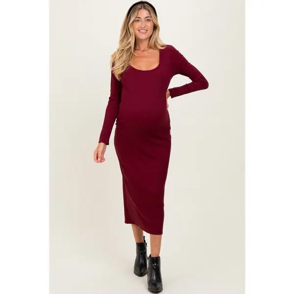 PINKBLUSH Scoop Neck Long Sleeve Midi Dress - Burgundy