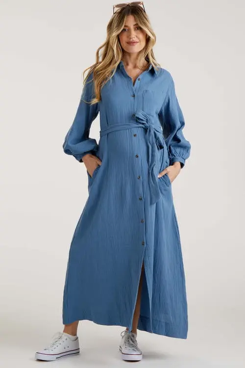 PINKBLUSH Gauze Belted Shirt Maternity Midi Dress