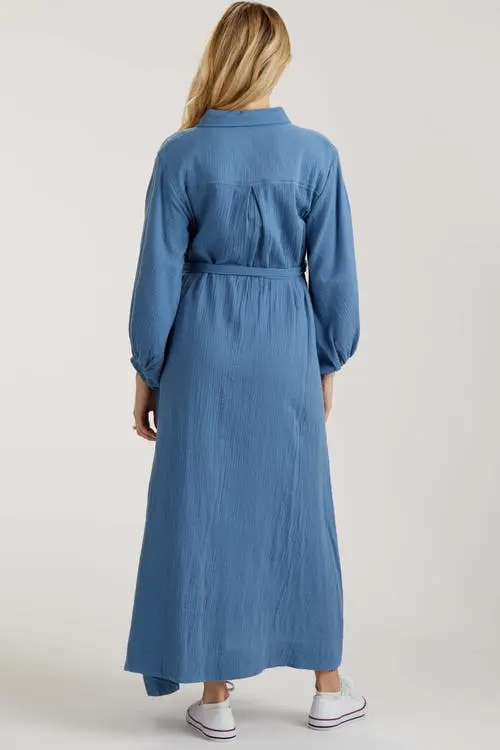 PINKBLUSH Gauze Belted Shirt Maternity Midi Dress