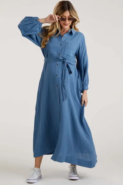 PINKBLUSH Gauze Belted Shirt Maternity Midi Dress