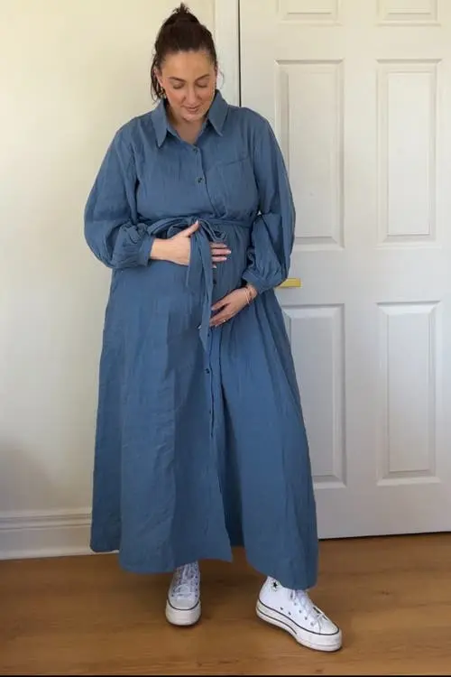 PINKBLUSH Gauze Belted Shirt Maternity Midi Dress
